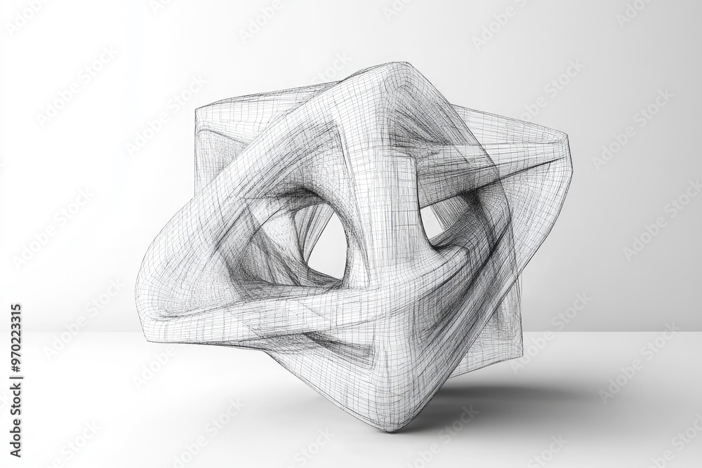 Line art illustration of a geometric twisted cube in a wireframe design ...