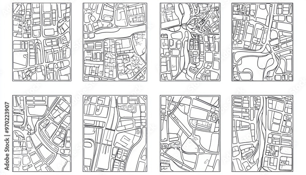 Line art illustration of black and white maps set featuring various ...