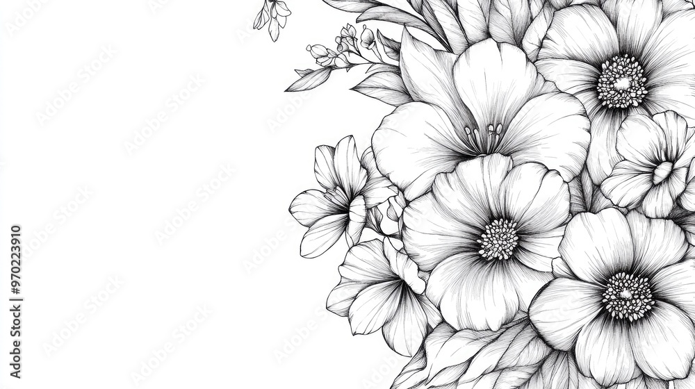 Spring Floral Line Art Black and White Flower Bouquets Coloring Page ...