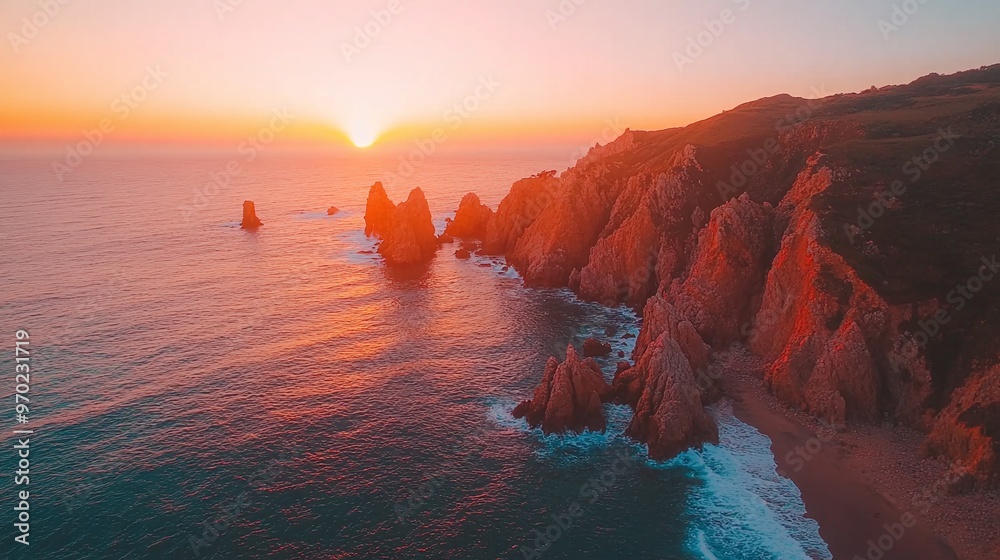 Sunset over rugged coastal cliffs and ocean waves, casting a warm ...