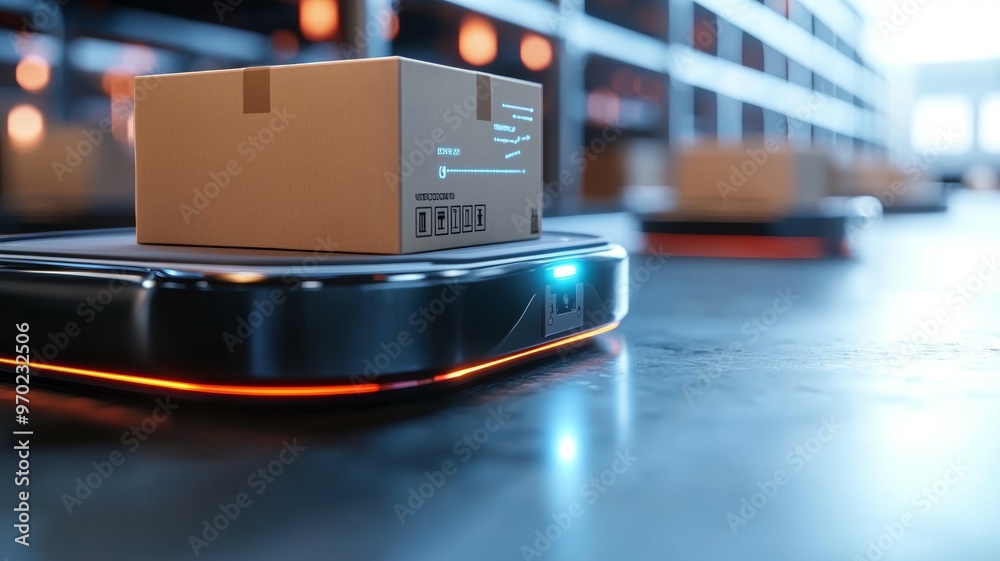 A box is on a conveyor belt with the word "delivery" on it Stock ...