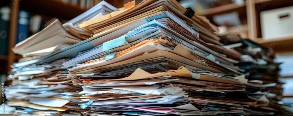 Cluttered stack of papers in an office setting, highlighting the ...