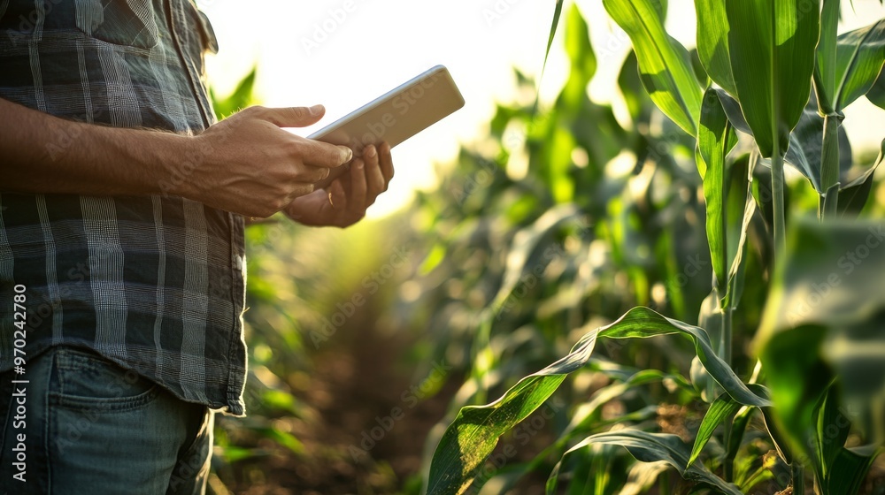 Blurred image. Farmers use tablets to analyze data and experiment with ...