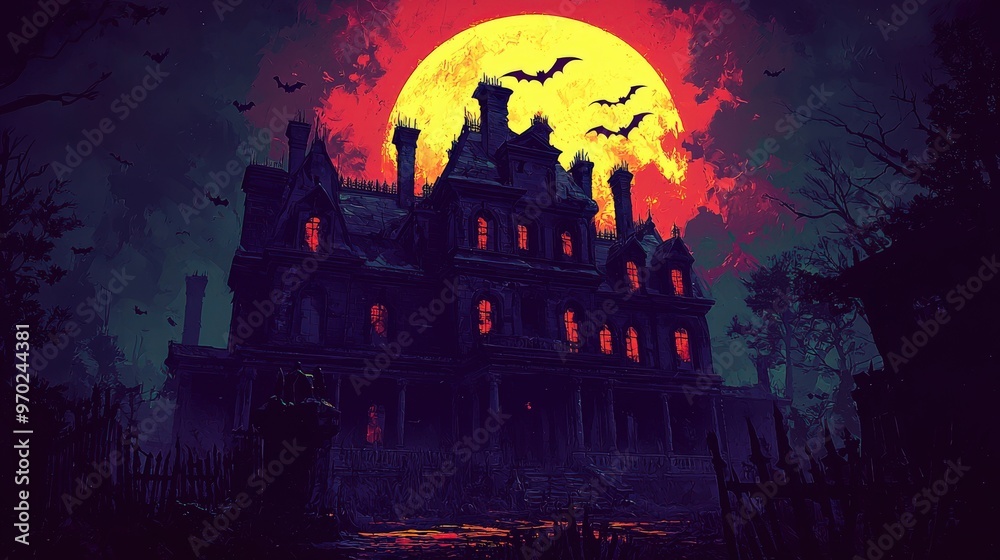 Eerie haunted mansion shrouded in darkness with bats flying under a glowing full moon, creating ...