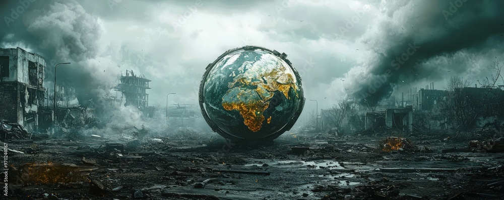 Ravaged Earth in an apocalyptic setting, showcasing a large globe ...