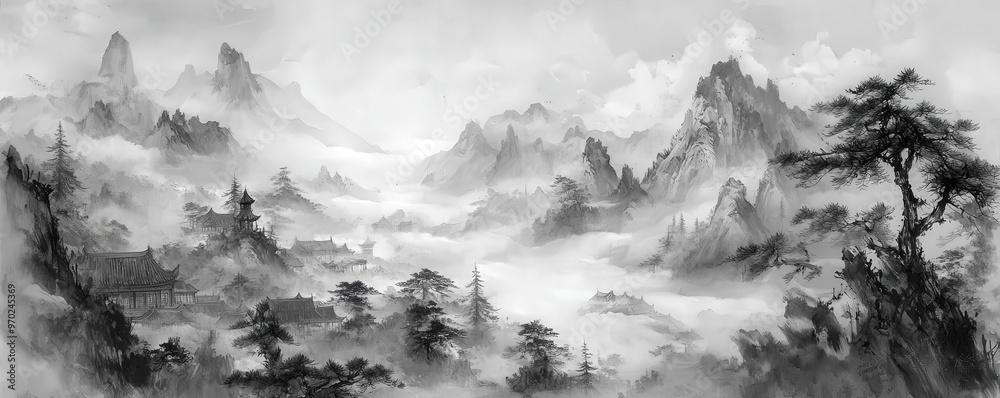 Panoramic Chinese ink landscape painting with intricate mountain ranges ...