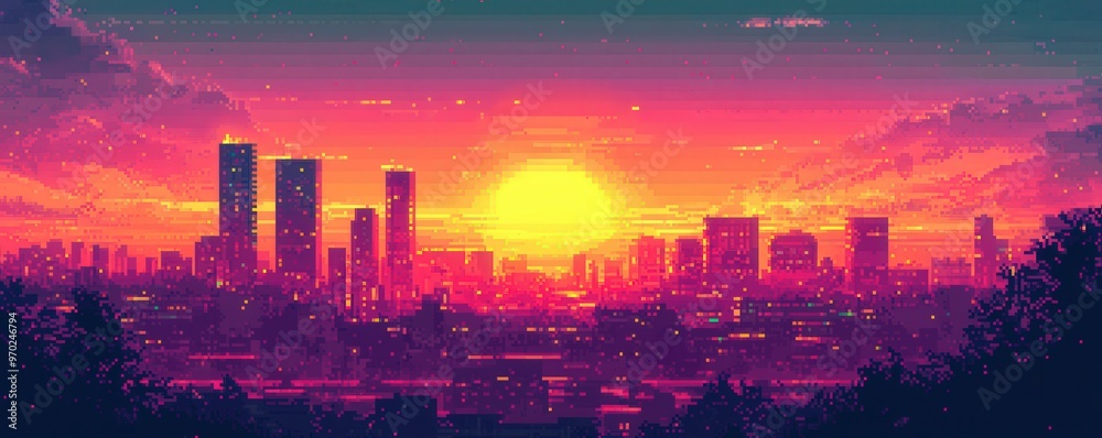 8-bit pixel art city skyline with a glowing sunset behind towering ...