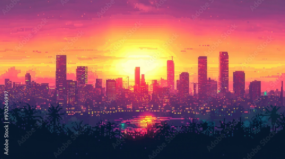 Pixelated skyline with a vibrant sunset setting behind skyscrapers ...