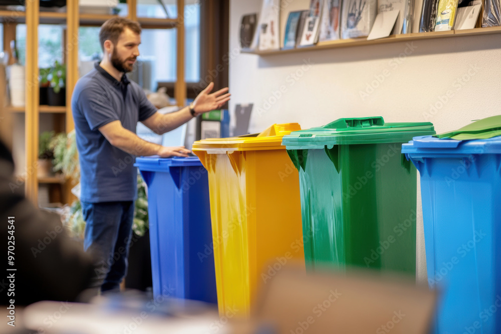 A man is explaining waste segregation while standing next to colorful ...