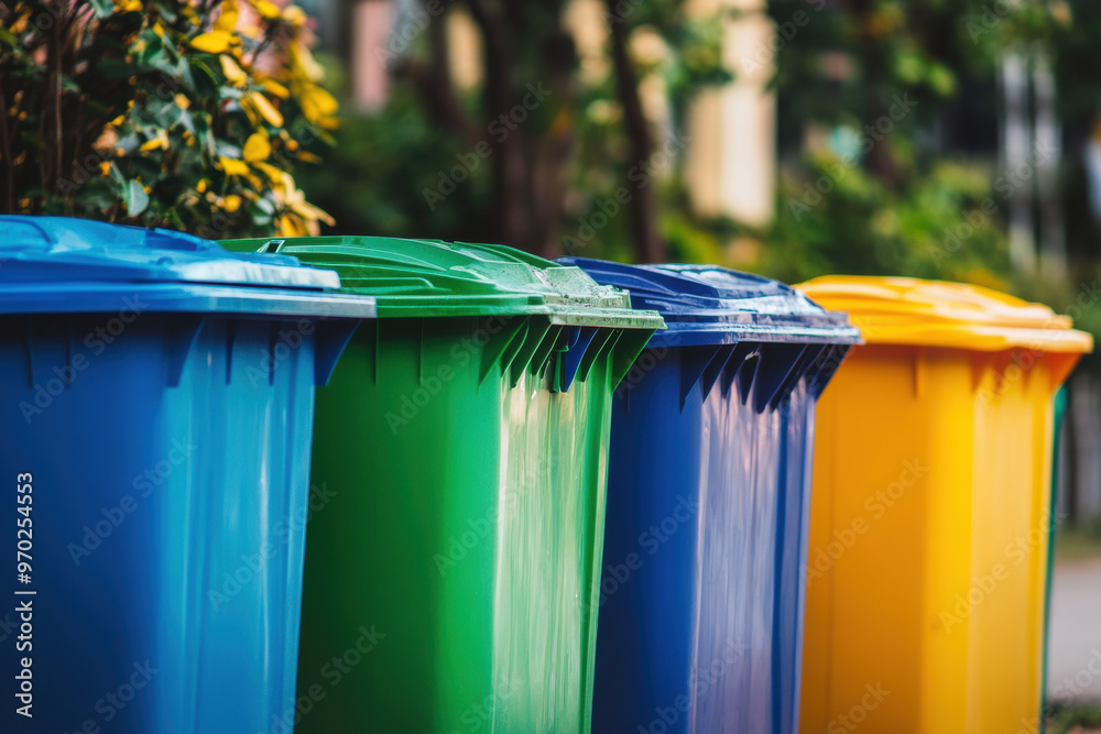 Colorful trash bins lined up in an outdoor setting, showcasing vibrant ...