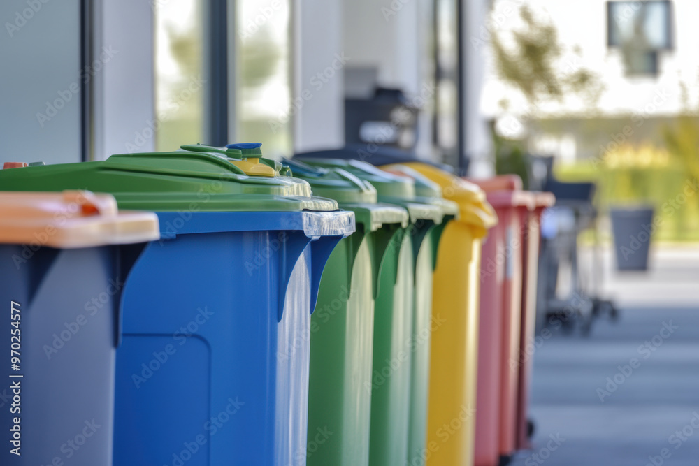 Colorful waste bins lined up in modern outdoor setting, showcasing ...