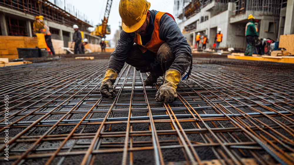 A construction worker is laying down a metal grid on a sidewalk. The ...