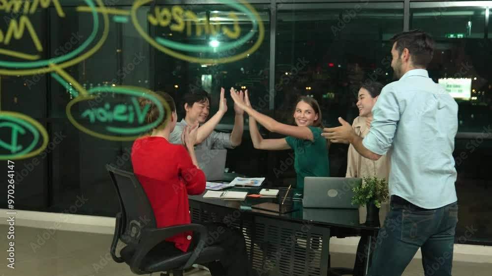 Group of businesspeople clap hands and gives high five together to ...