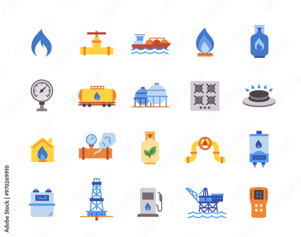 Set of natural gas line icons. Colorful signs with gas meter, gas ...