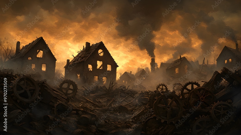 A post-apocalyptic small town, houses destroyed and trees broken ...