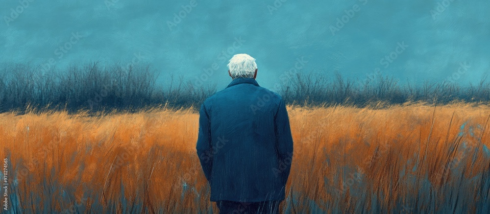 Lonely old man in blue illustrated painting surreal art exploring ...