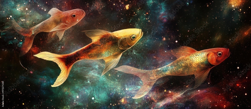 Surreal illustration of fish in space featuring three scalars against a ...