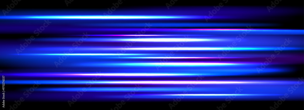 Neon glowing horizontal stripes background. Blue purple speed light ...