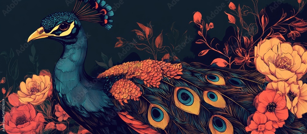 2d illustration of a peacock adorned with flowers featuring a hand ...