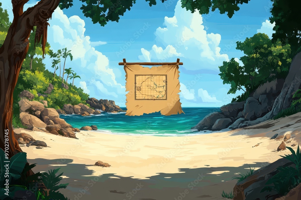 Digital Pirate Cove with Treasure Map on Pixelated Sand - Conceptual ...