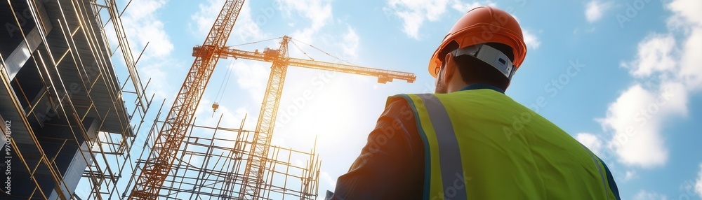 Structural engineer supervising the installation of scaffolding, with ...