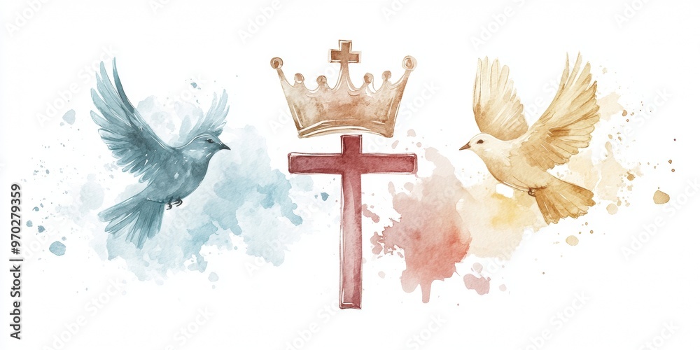 Holy Trinity symbols. Cross, crown and dove of Holy Spirit. Watercolor ...