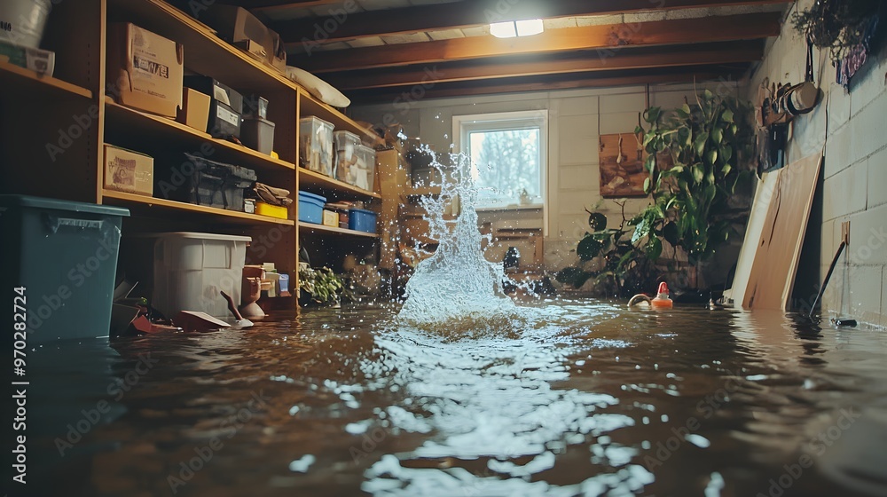 Basement flooded to the ceiling, storage shelves underwater, personal ...