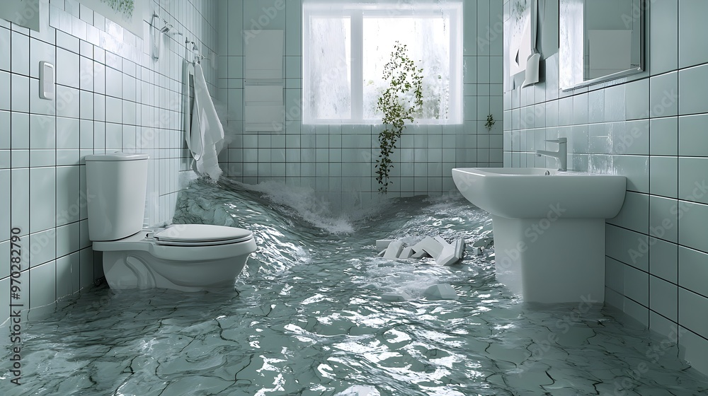 Bathroom flooding disaster, water covering the tiles, spilling from ...
