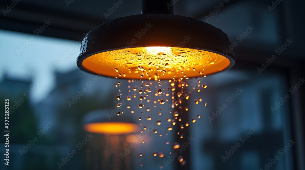 Ceiling light fixture with visible water damage, dripping droplets ...