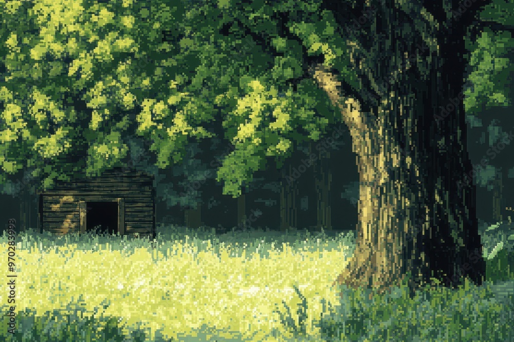 Nostalgic Pixelated Forest Scene with Concealed Cabin and Copy Space ...