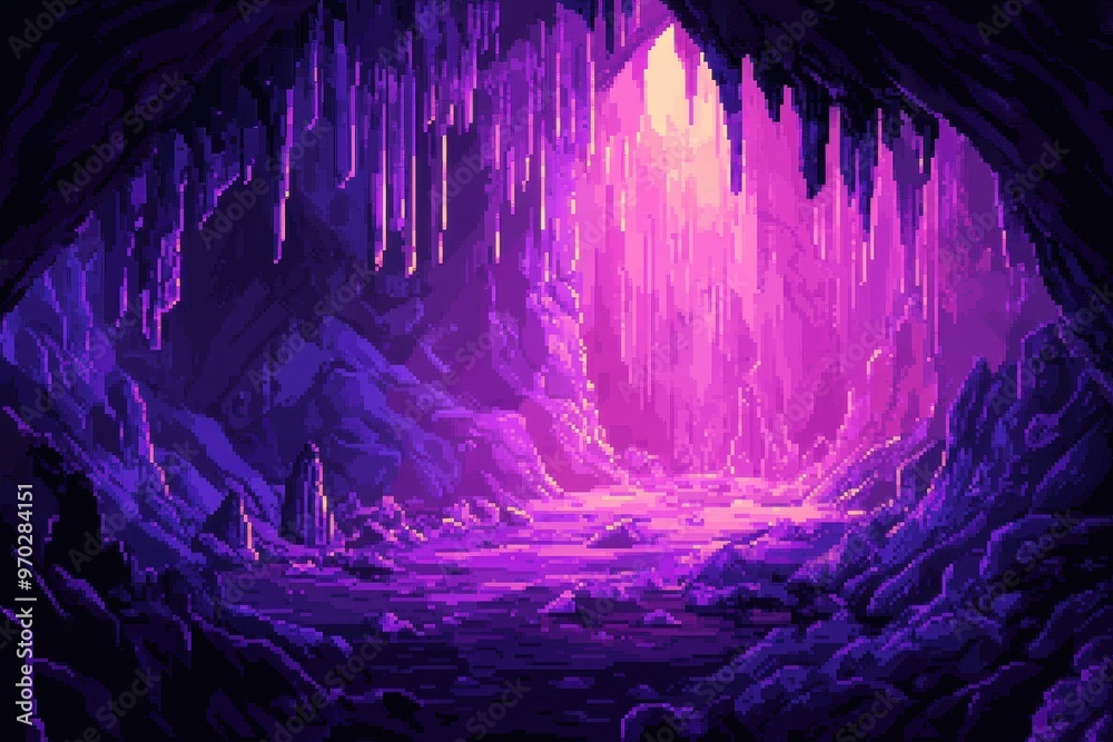 Pixelated Cave Interior with Glowing Crystals in 8-Bit Style for Text ...