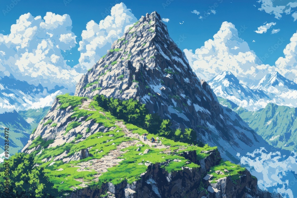 Digital Adventure: 16-Bit Mountain Peak with Pixel Caves and Copy Space ...