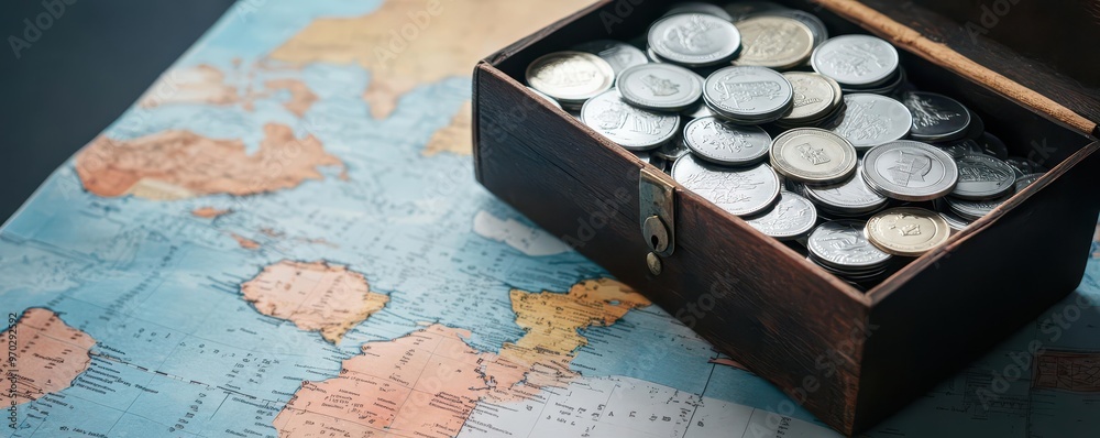 An antique treasure chest filled with silver coins, maps, and financial ...