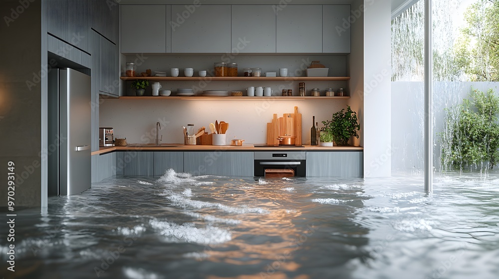 Home kitchen appliances half-submerged in floodwater, illustrating ...