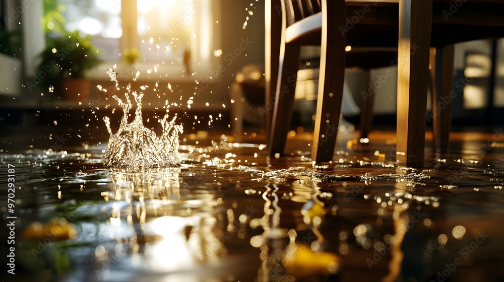 Interior flooding scene with water splashing against dining table legs ...