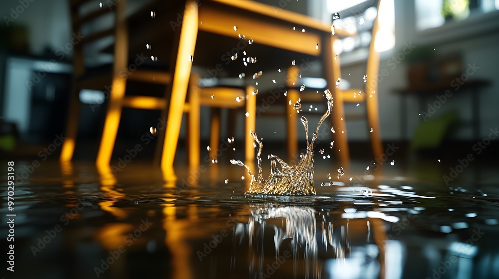 Interior flooding scene with water splashing against dining table legs ...