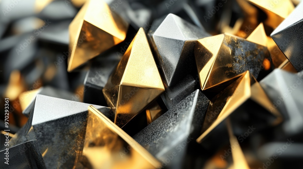 Layered black and gold geometric shapes interlock, forming a visually ...