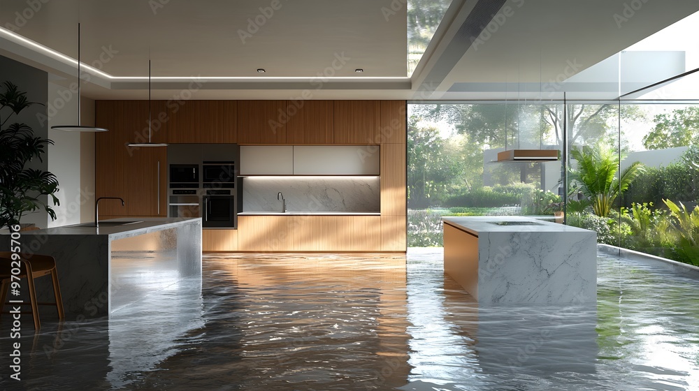Flooded kitchen with a dramatic water splash, waterlogged cabinets, and ...
