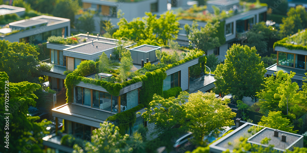 Modern green-roofed buildings in an eco-friendly urban neighborhood ...