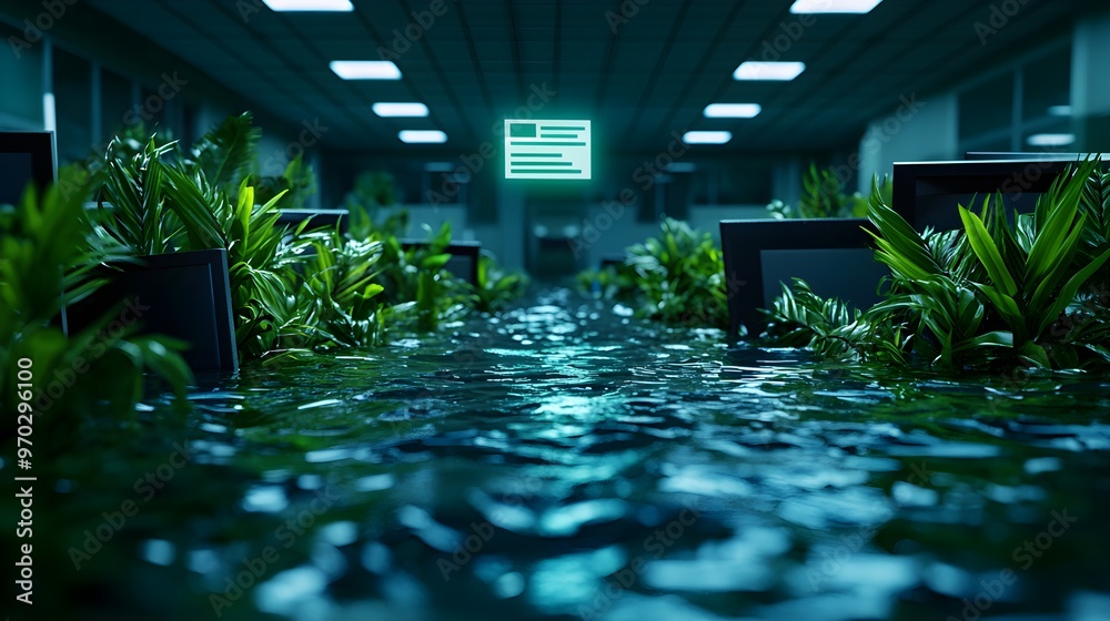 Flooded office with submerged computers and cables, vibrant blue water ...