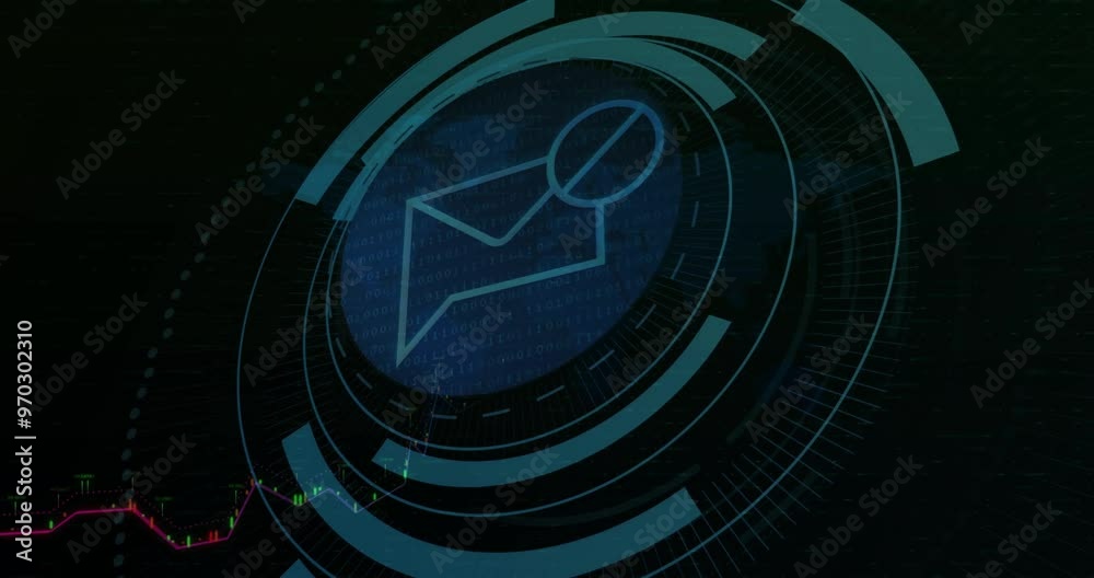 Animation of mail icon, digital data processing over scope scanning on ...