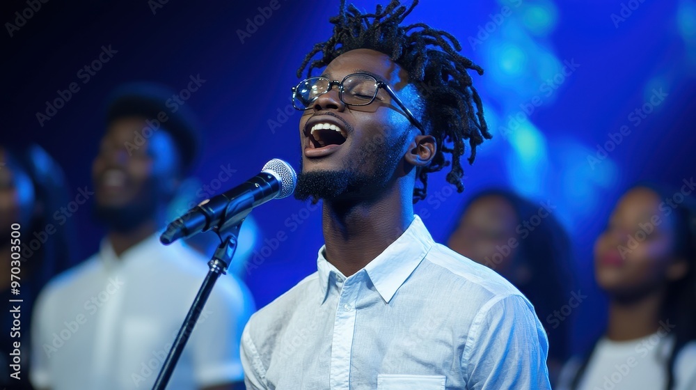 Young Black Man Singing Into Microphone On Stage With a Choir Stock ...