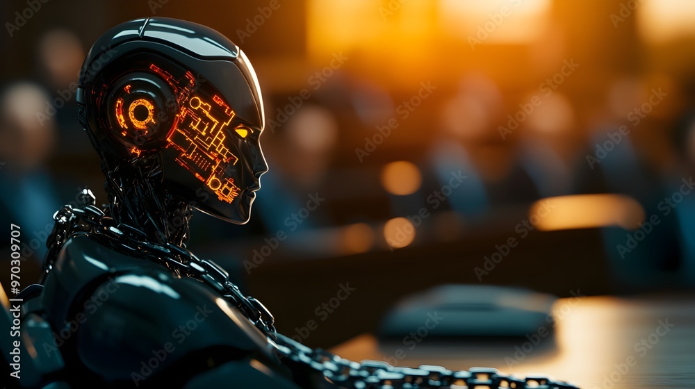 A courtroom scene where a chained AI robot, with a subtle glow of its ...