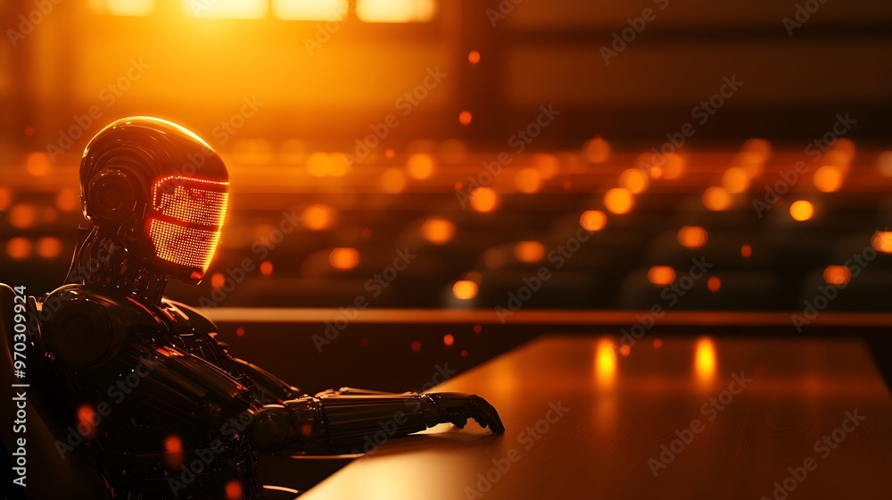 A courtroom scene where a chained AI robot, with a subtle glow of its ...