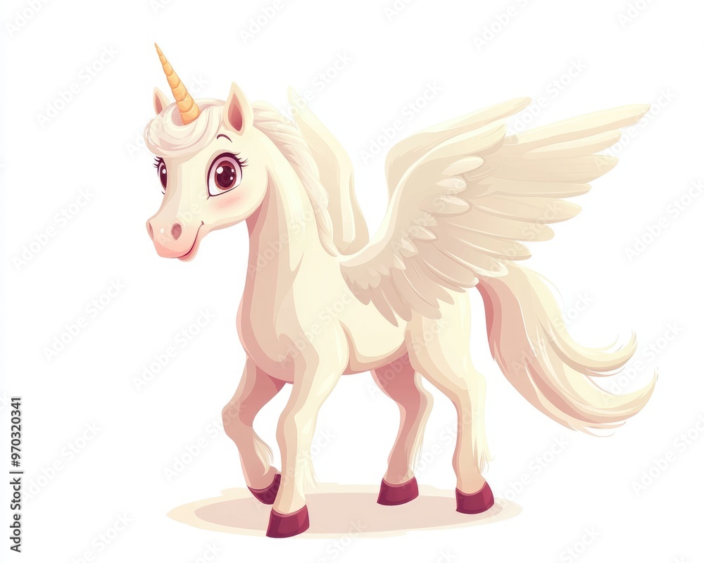 Fantasy cartoon white pegasus Magical winged pony horse Isolated 2D ...