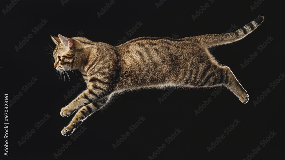 A side view profile of a jumping cat, showcasing the full body in mid ...