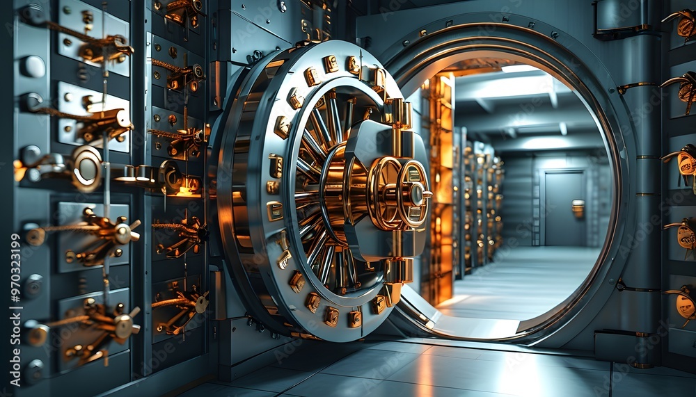 High-security bank vault with intricate locking mechanisms in a ...