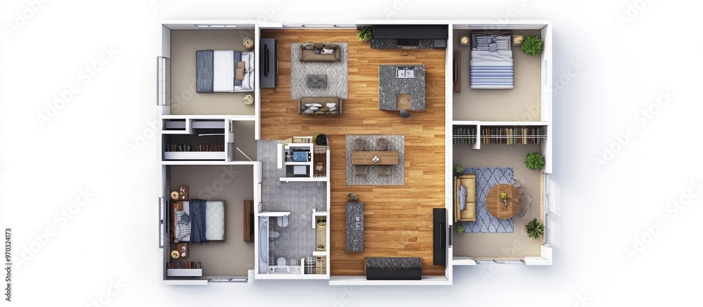 3D illustration of a house floor plan featuring an open concept layout ...