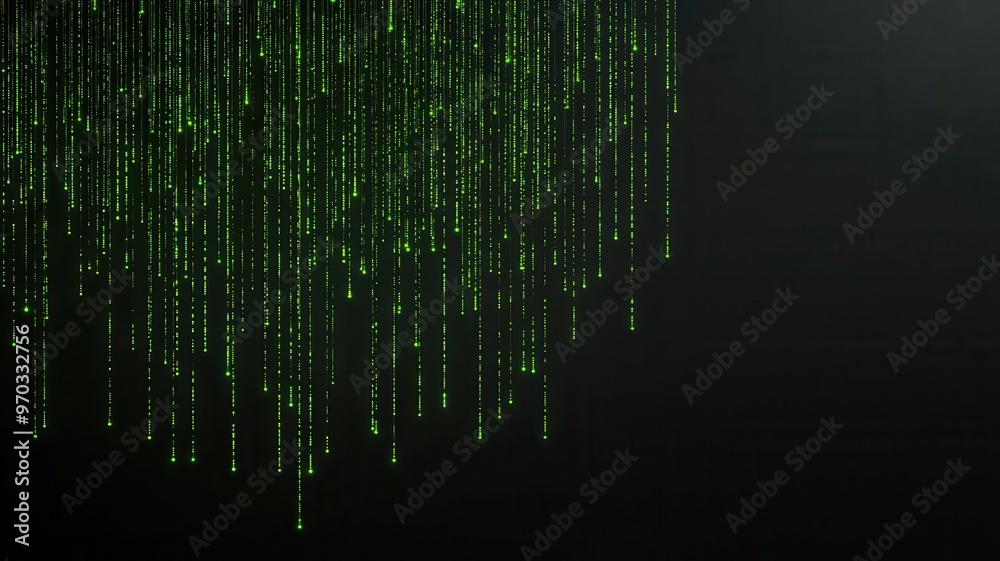 Matrixstyle digital rain with cascading green code symbols on a black ...