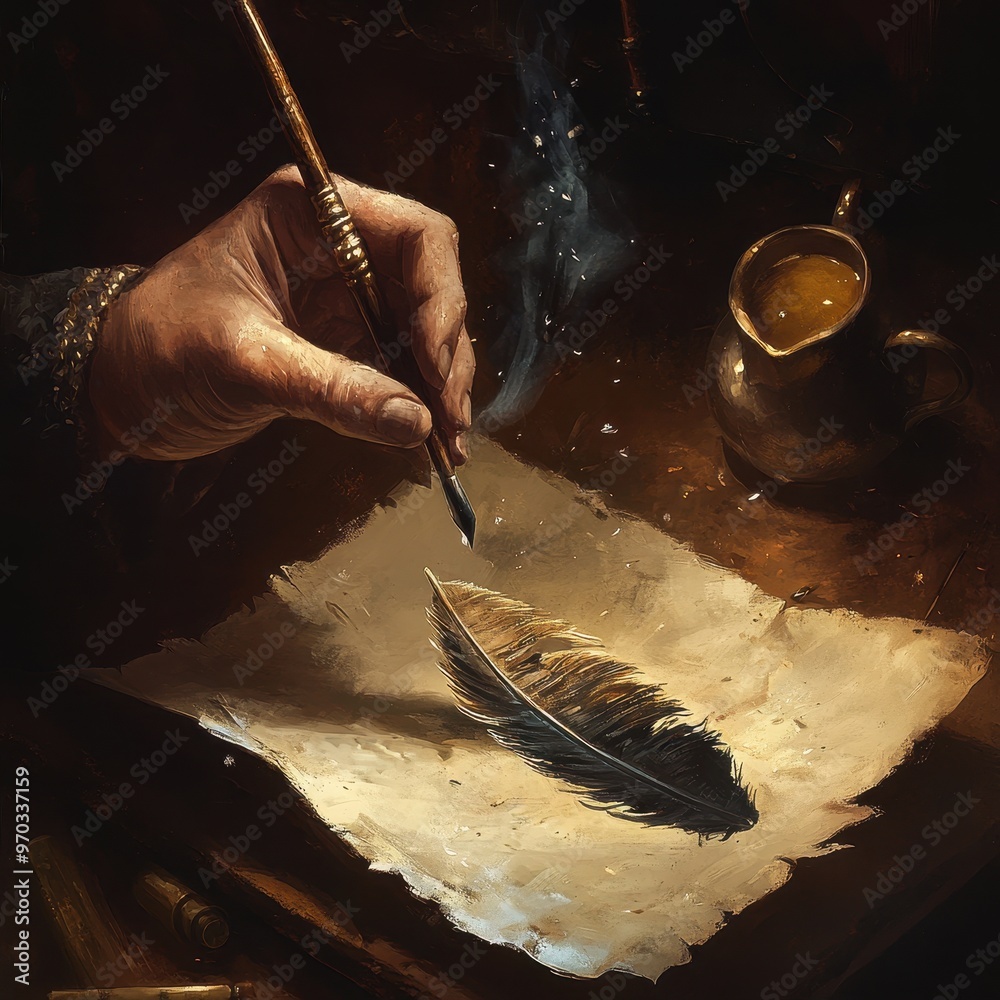 Hand Holding Quill Pen Above Feather on Parchment Paper, Vintage ...